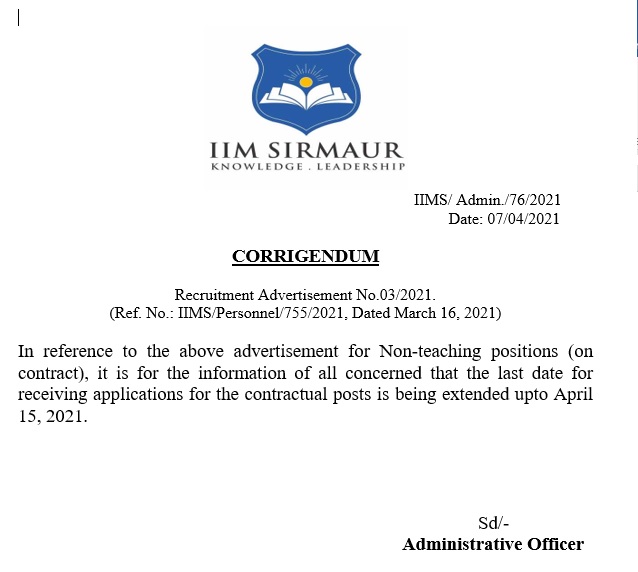 Corrigendum - Advertisement for Non-Teaching position (on contract) | IIM Sirmaur | Himachal ...
